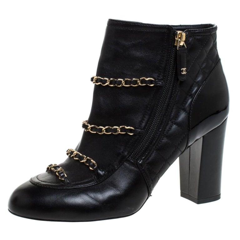 Chanel Black Leather Chain Embellished Ankle Booties Size 37.5 For Sale ...