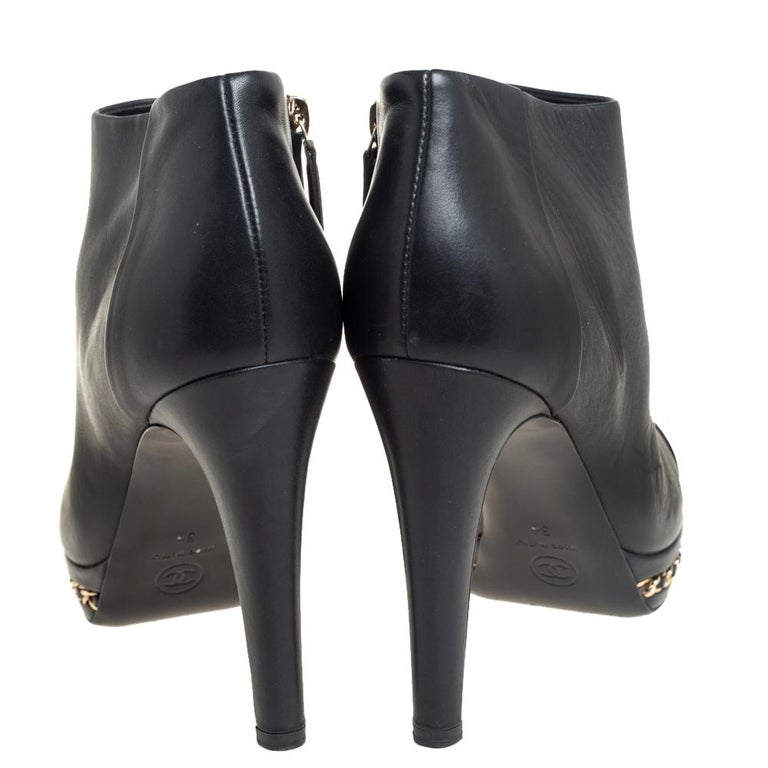 Chanel Black Leather Chain Embellished CC Cap Toe Ankle Boots Size 38 ...