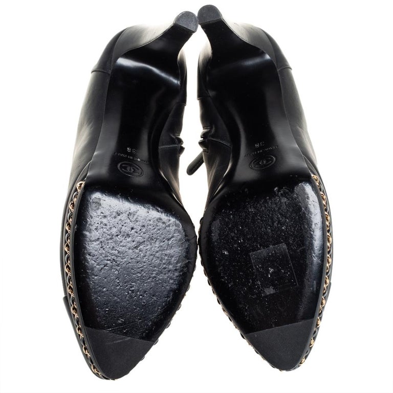 Chanel Black Leather Chain Embellished CC Cap Toe Ankle Boots Size 38 ...