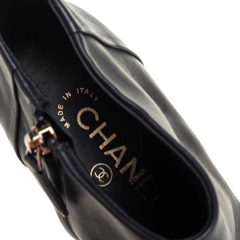 Chanel Black Leather Chain Embellished CC Cap Toe Ankle Boots Size 38 ...