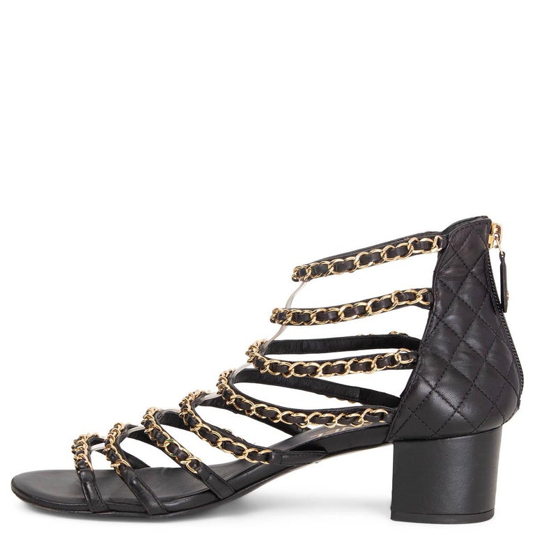 CHANEL black leather CHAIN GLADIATOR BLOCK HEEL Sandals Shoes 39 at 1stDibs