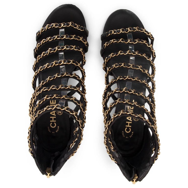 CHANEL black leather CHAIN GLADIATOR BLOCK HEEL Sandals Shoes 39 at 1stDibs