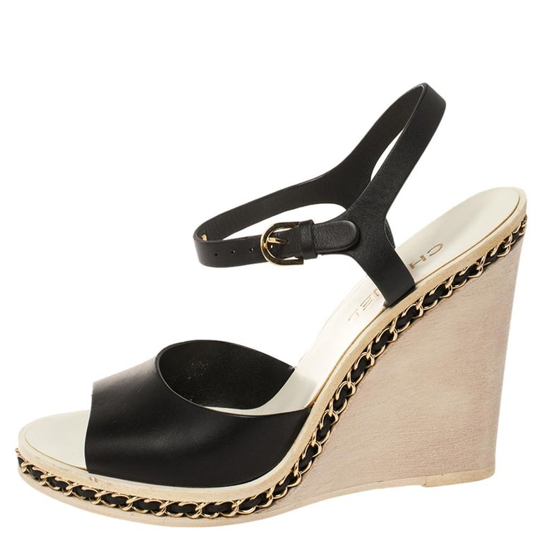 Chanel Black Leather Chain Link CC Wedge Ankle Strap Sandals Size 38 at ...