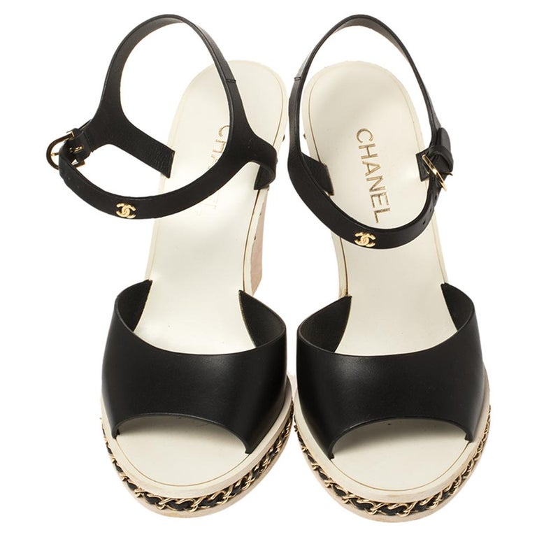 Chanel Black Leather Chain Link CC Wedge Ankle Strap Sandals Size 38 at ...