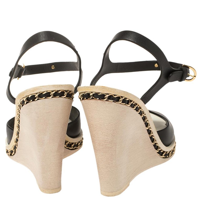 Chanel Black Leather Chain Link CC Wedge Ankle Strap Sandals Size 38 at ...