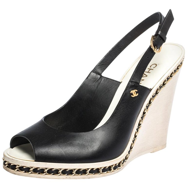 Chanel Black Leather Chain Link CC Wedge Slingback Sandals Size 39.5 at ...
