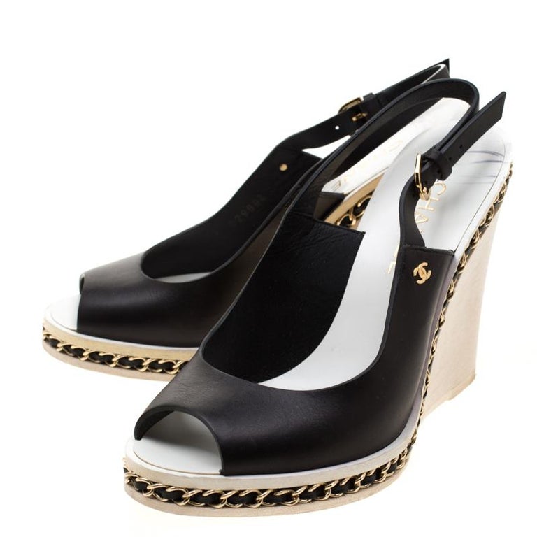 Chanel Black Leather Chain Link Wedge Slingback Sandals Size 37 For ...