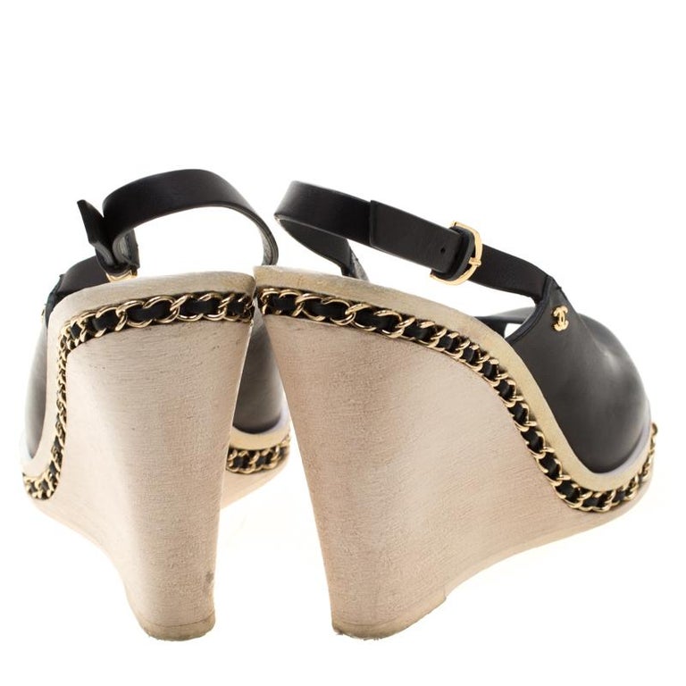 Chanel Black Leather Chain Link Wedge Slingback Sandals Size 37 For ...