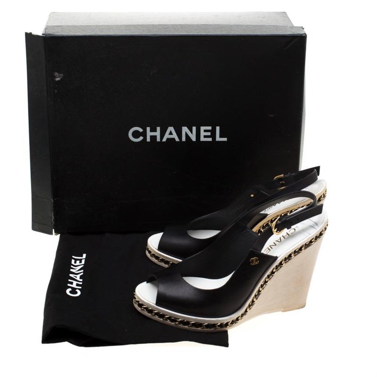 Chanel Black Leather Chain Link Wedge Slingback Sandals Size 37 For ...