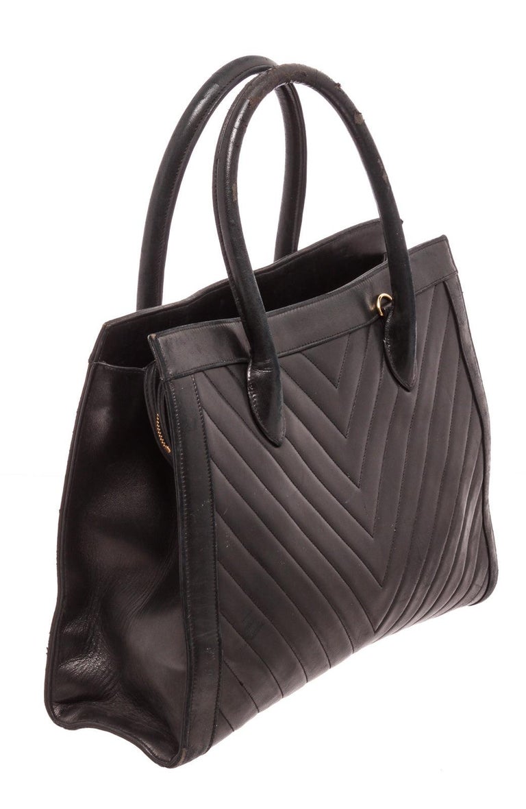 Chanel Black Leather Double Handle Tote Bag For Sale at 1stDibs