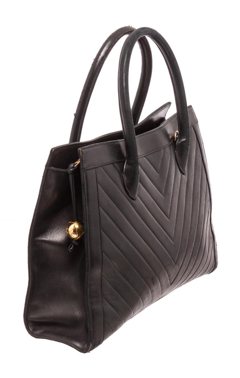Chanel Black Leather Double Handle Tote Bag For Sale at 1stDibs