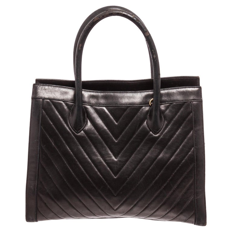 Chanel Black Leather Double Handle Tote Bag For Sale at 1stDibs