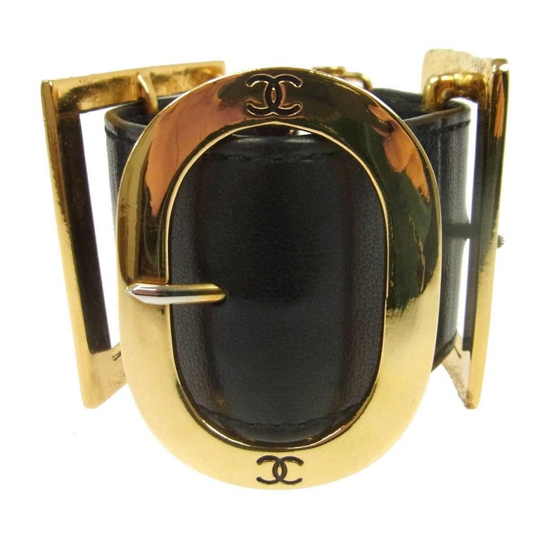 Chanel Black Leather Gold Buckle Evening Charm Cuff Bracelet in Box For ...