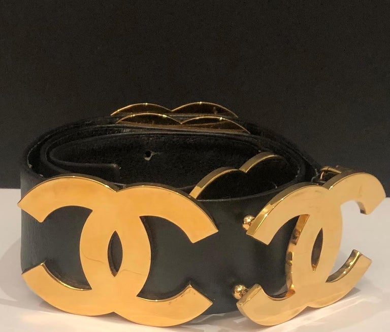 CHANEL Black Leather and Gold Metal Belt Wide Oversized Multi CC Logo ...