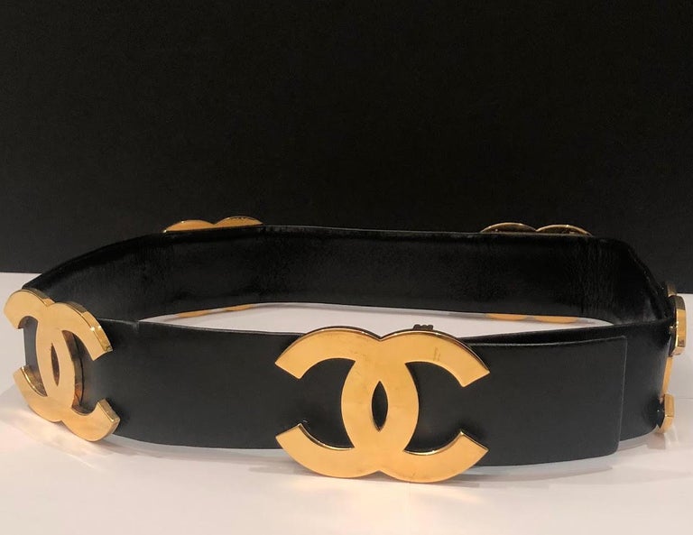 CHANEL Black Leather and Gold Metal Belt Wide Oversized Multi CC Logo ...