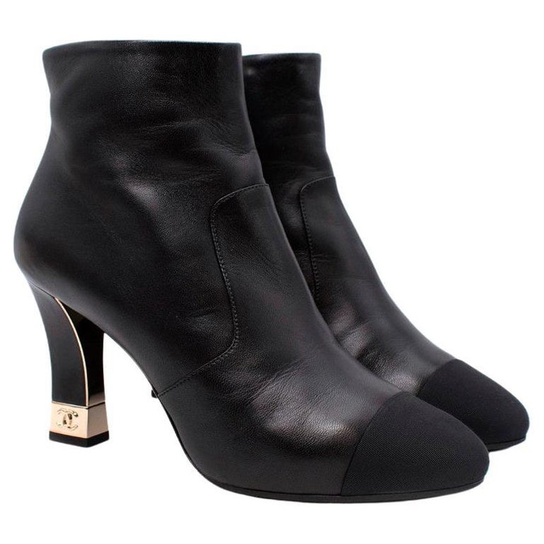 Chanel Black Leather and Grosgrain Toe Cap Heeled Booties For Sale at ...