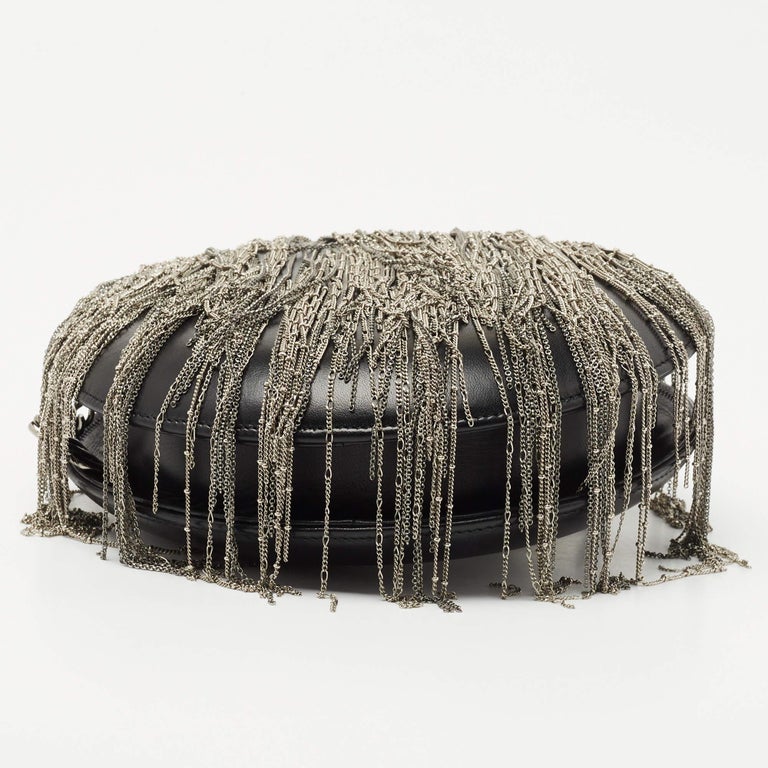 Chanel Black Leather Metal Fringe Round Chain Clutch For Sale at 1stDibs