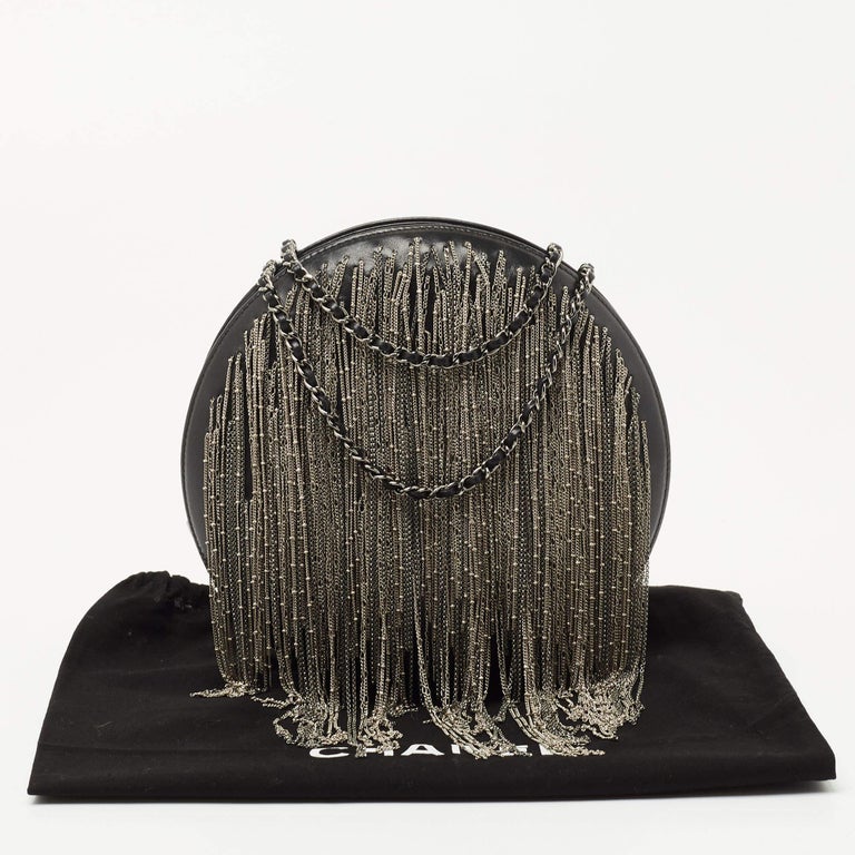 Chanel Black Leather Metal Fringe Round Chain Clutch For Sale at 1stDibs