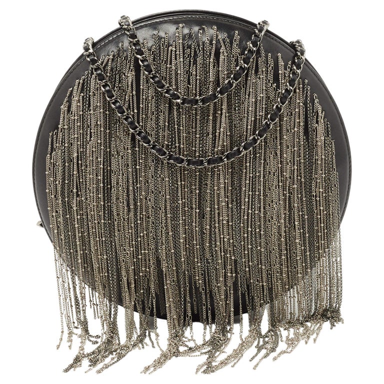 Chanel Black Leather Metal Fringe Round Chain Clutch For Sale at 1stDibs