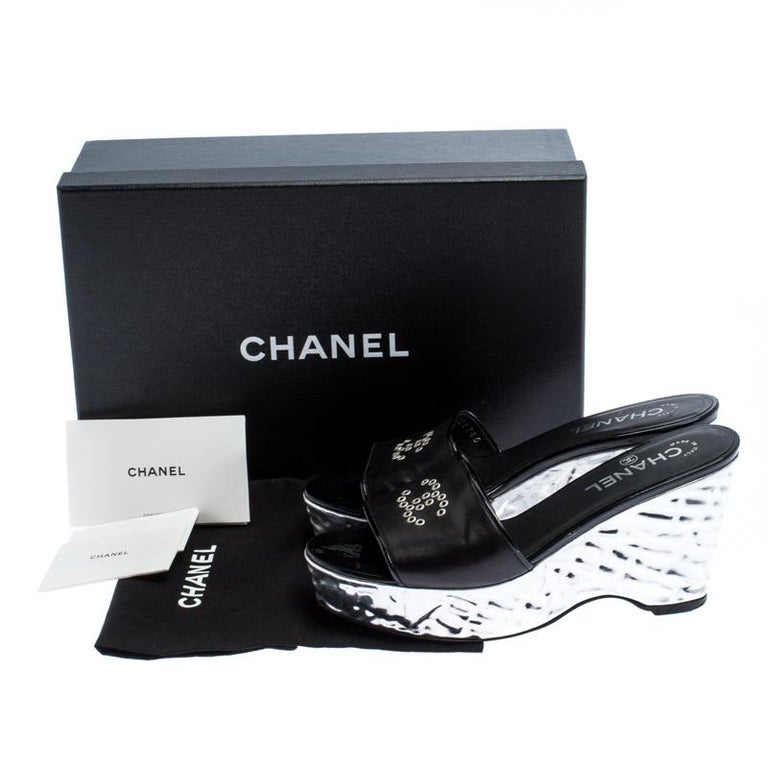 Chanel Black Leather Metallic Wedge Platform Slide Sandals Size 37 For ...