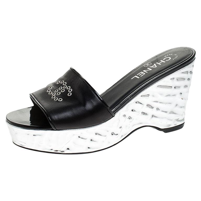 Chanel Black Leather Metallic Wedge Platform Slide Sandals Size 37 For ...