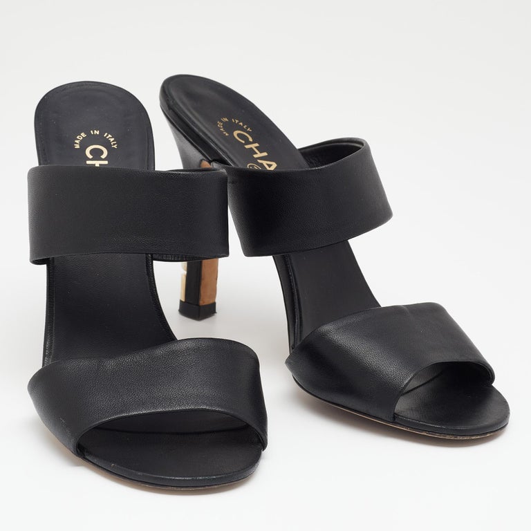 Chanel Black Leather Pearl Embellished Heel Slide Sandals Size 38.5 For ...