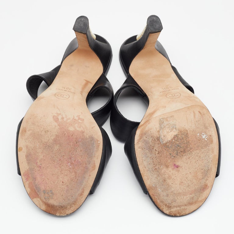 Chanel Black Leather Pearl Embellished Heel Slide Sandals Size 38.5 For ...