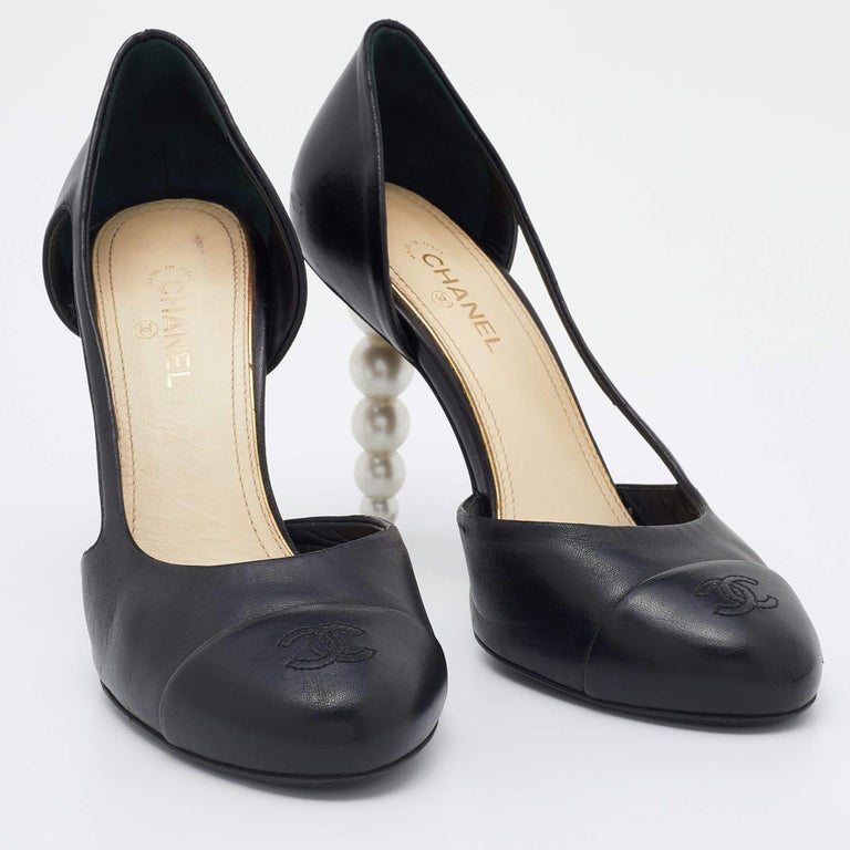 Chanel Black Leather Pearl Heel D'Orsay Pumps Size 38 For Sale at 1stDibs