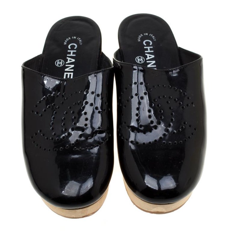 Chanel Black Leather Perforated CC Wooden Clog Size 37 For Sale at 1stDibs