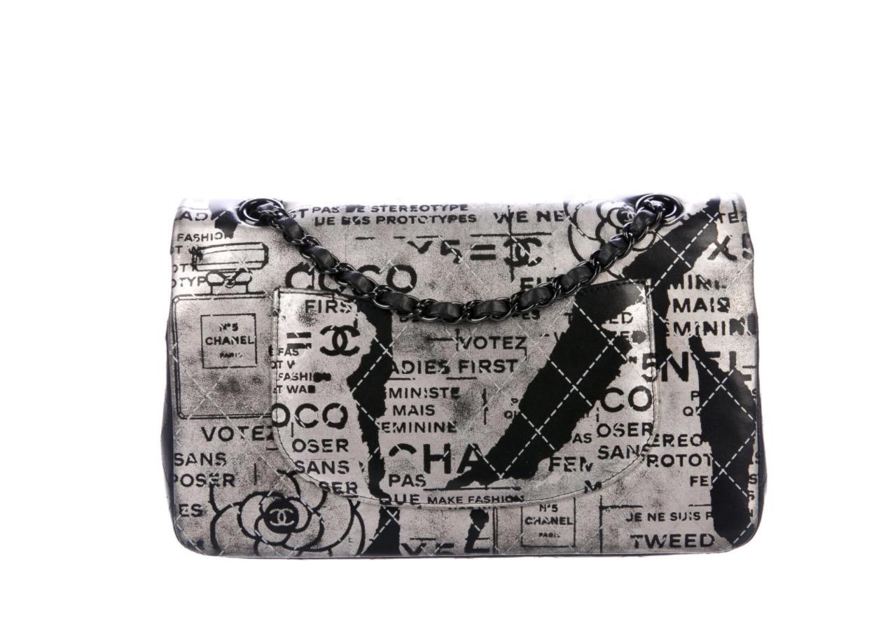 Chanel Black Leather Silver Written Word Medium Evening Shoulder Double ...