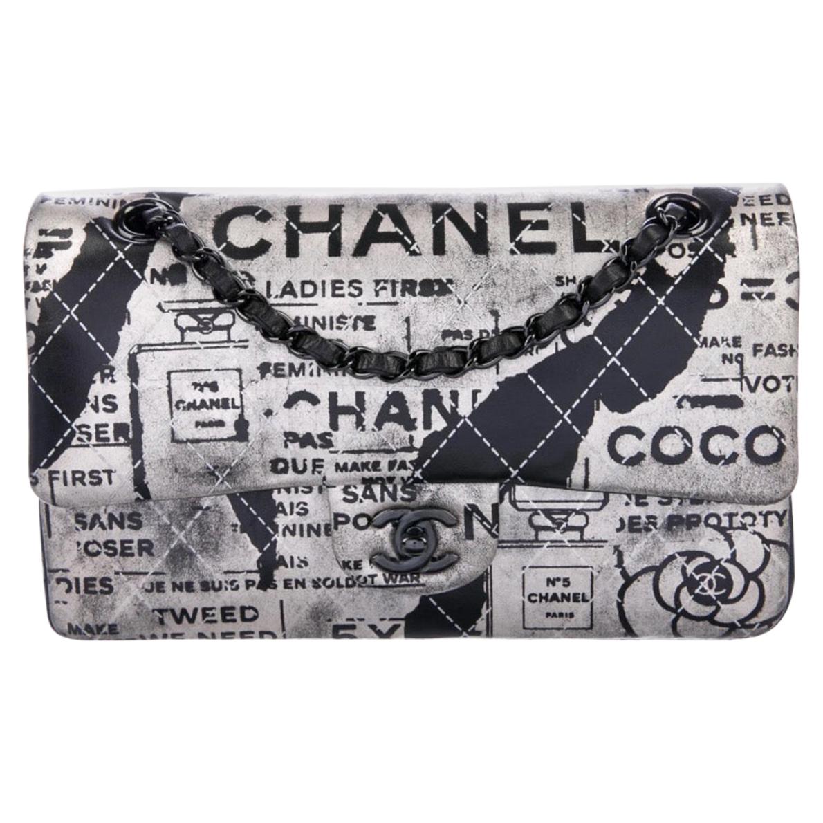 Chanel Black Leather Silver Written Word Medium Evening Shoulder Double ...