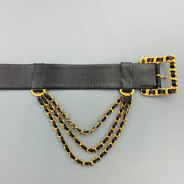 CHANEL Black Leather Triple Gold Tone Woven Chain Drop Side Belt Season ...