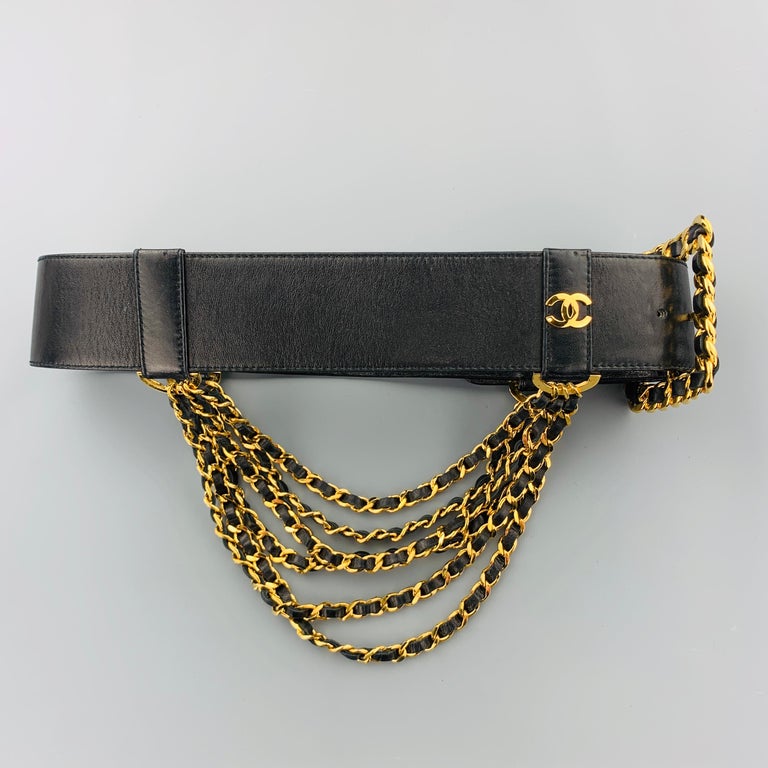 CHANEL Black Leather Triple Gold Tone Woven Chain Drop Side Belt Season ...