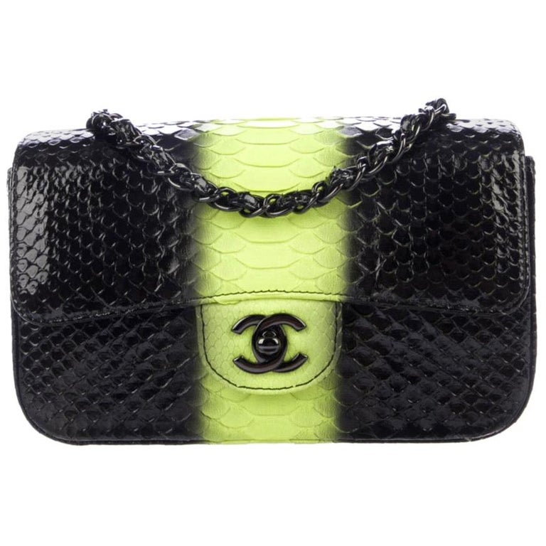 Chanel Black Lime Green Python Leather Exotic Small Evening Shoulder ...
