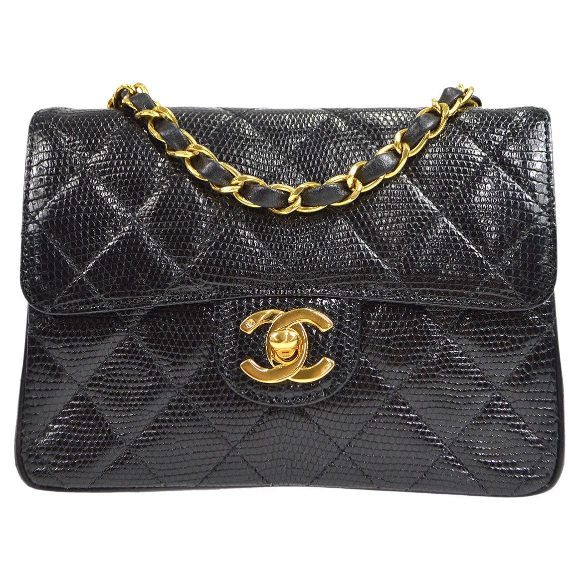 CHANEL Black Lizard Exotic Small Mini Square Gold Evening Shoulder Flap ...