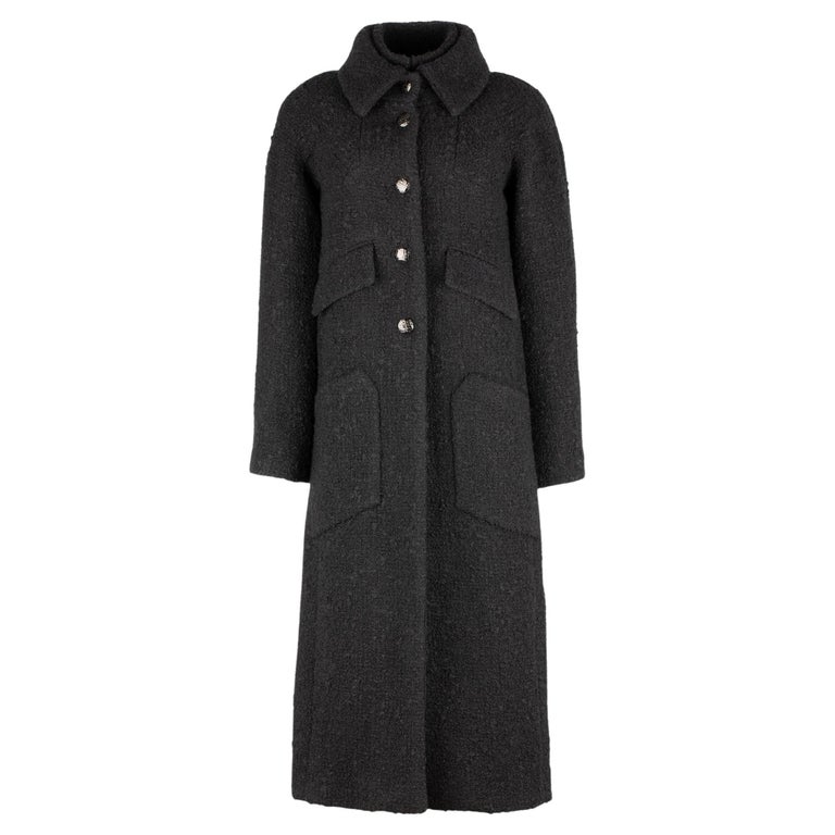 Chanel Black Long Tweed Coat 36 FR For Sale at 1stDibs