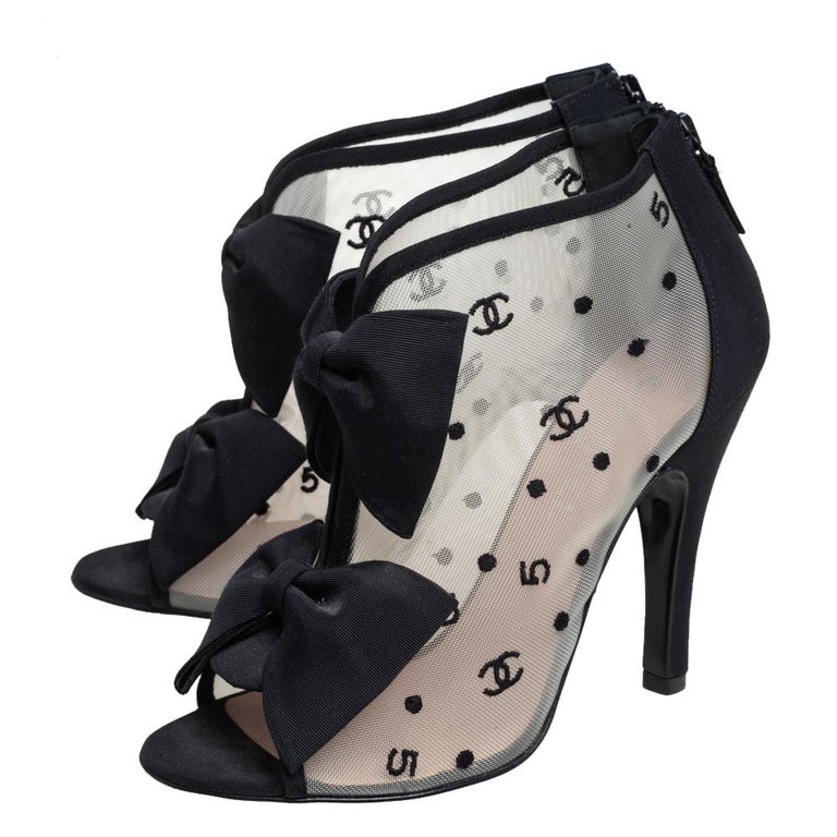 Chanel Black Mesh and Fabric CC Open Toe Bootie Ankle Booties Size 37 ...