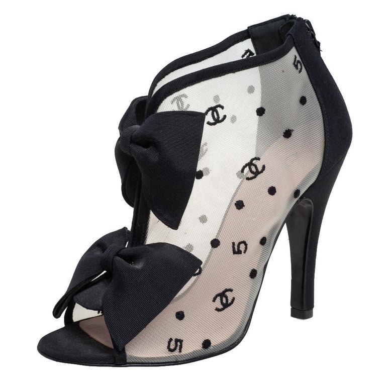 Chanel Black Mesh and Fabric CC Open Toe Bootie Ankle Booties Size 37 ...