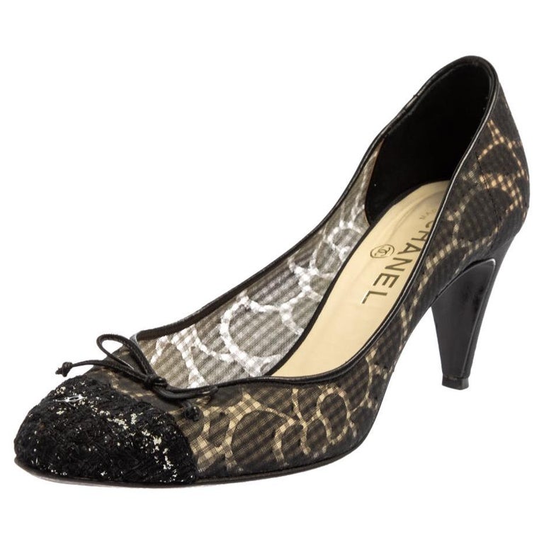 Chanel Black Mesh And Tweed Cap Toe Pumps Size 38.5 For Sale at 1stDibs
