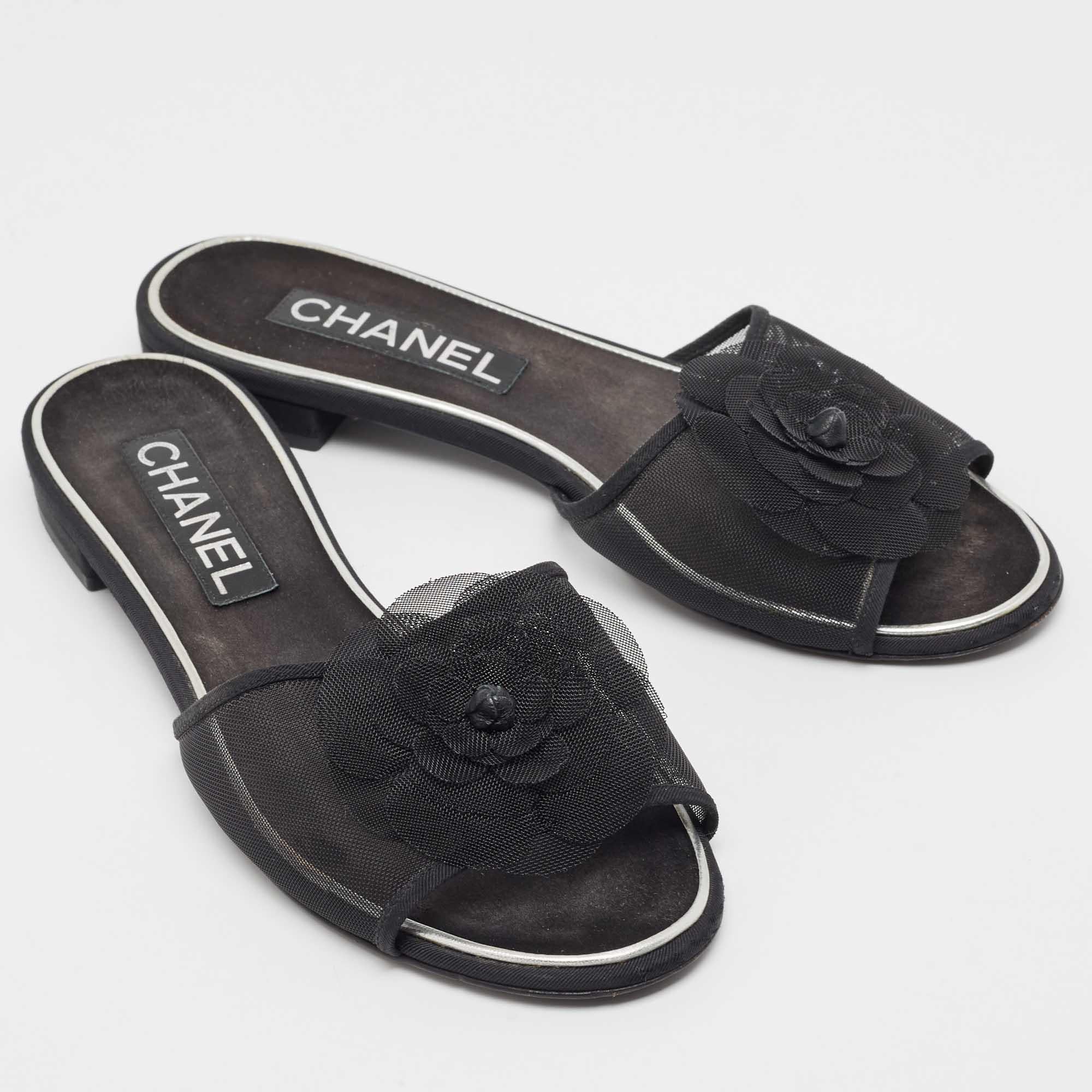 Chanel Black Mesh Camellia Slide Flats Size 37.5 For Sale at 1stDibs