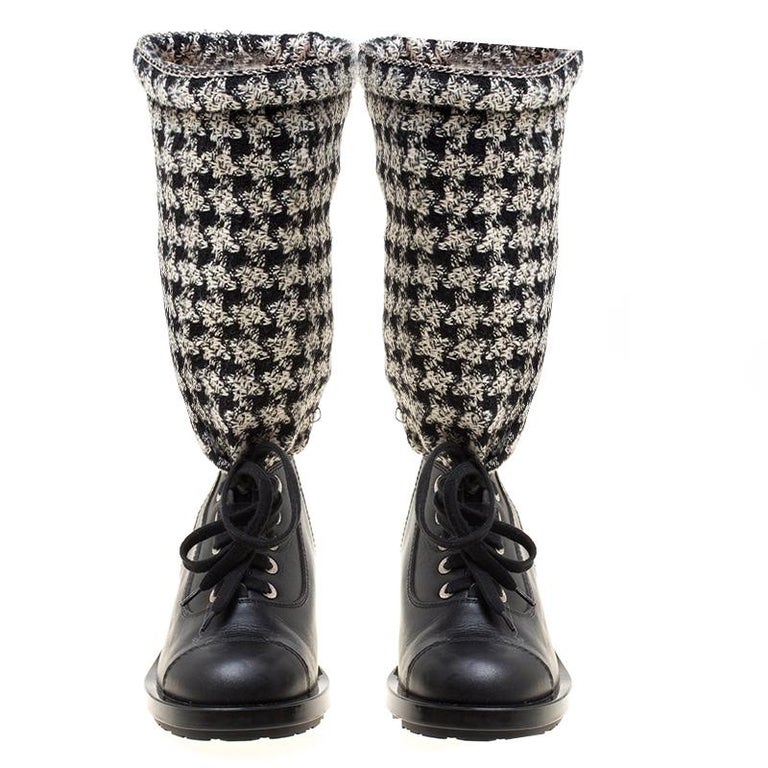 Chanel Black/Off White Leather and Tweed Lace Up Chain Detail Boots ...