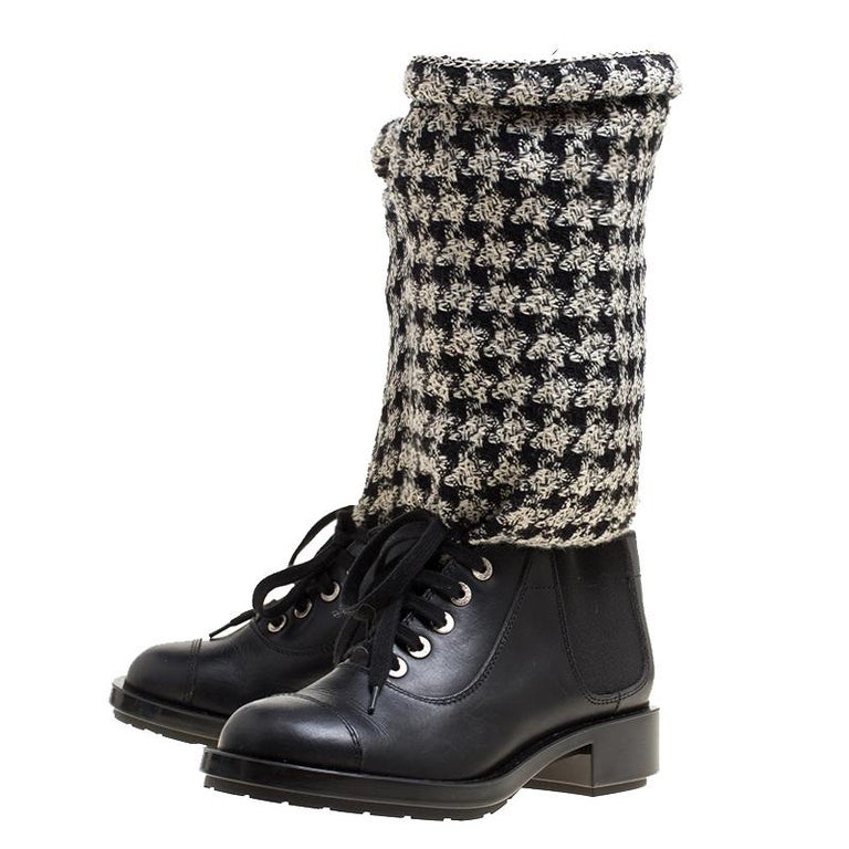 Chanel Black/Off White Leather and Tweed Lace Up Chain Detail Boots ...