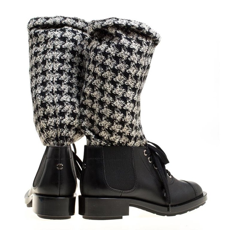 Chanel Black/Off White Leather and Tweed Lace Up Chain Detail Boots ...