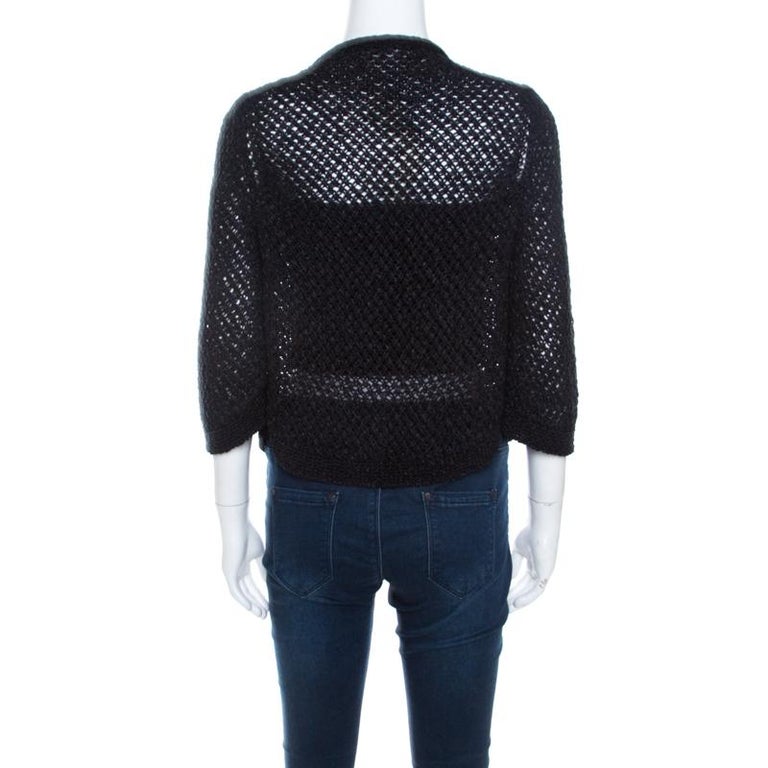 Chanel Black Open Weave Silver Tone Chain Detail Cropped Cardigan M For ...