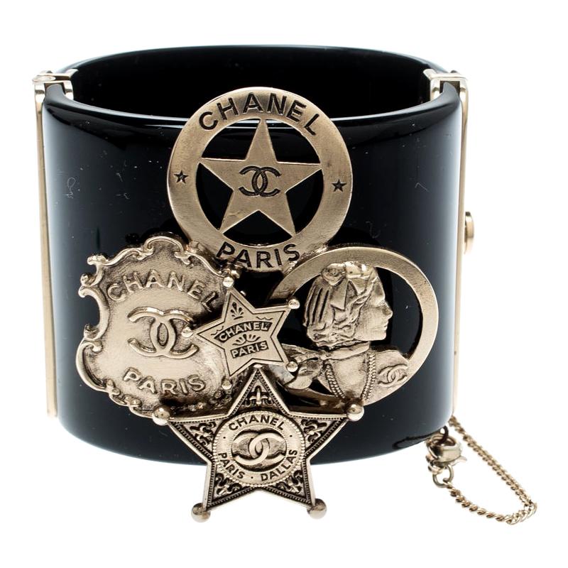 Chanel Black Paris-Dallas Gold Tone Wide Cuff Bracelet For Sale at ...