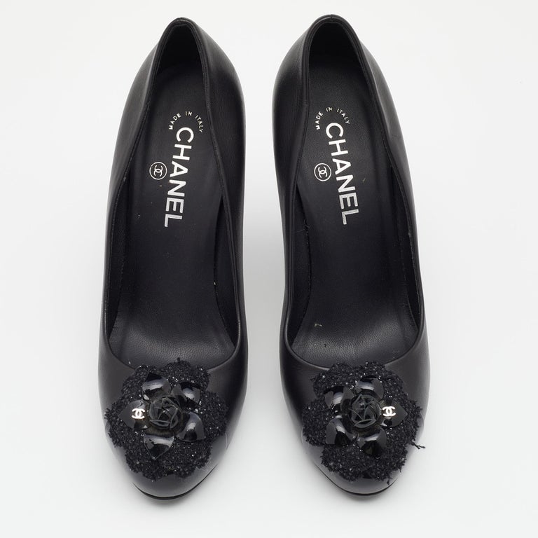 Chanel Black Patent and Leather Camellia Cap Toe Platform Pumps Size 39 ...