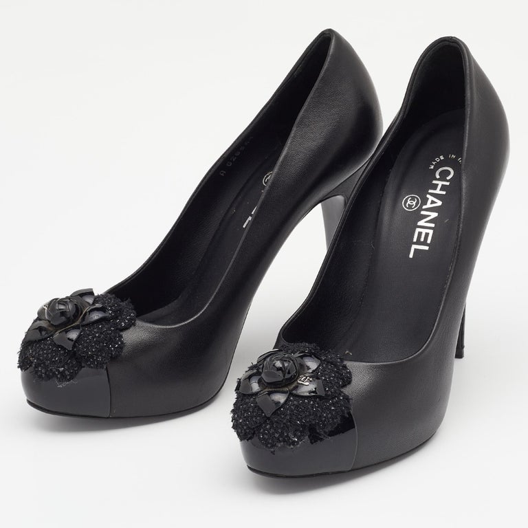 Chanel Black Patent and Leather Camellia Cap Toe Platform Pumps Size 39 ...