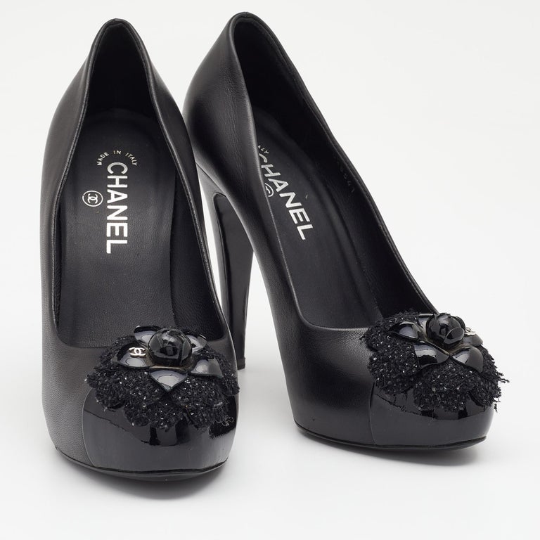 Chanel Black Patent and Leather Camellia Cap Toe Platform Pumps Size 39 ...