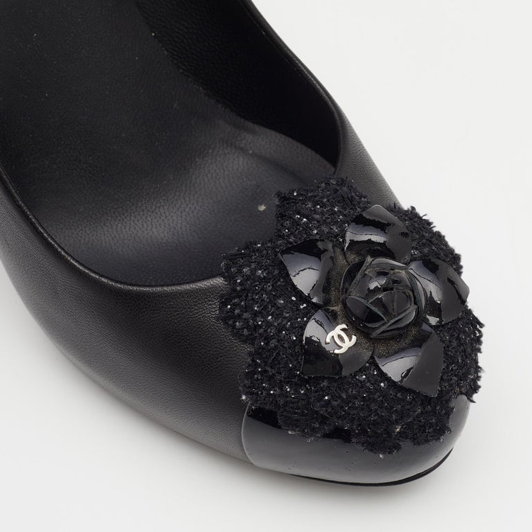 Chanel Black Patent and Leather Camellia Cap Toe Platform Pumps Size 39 ...