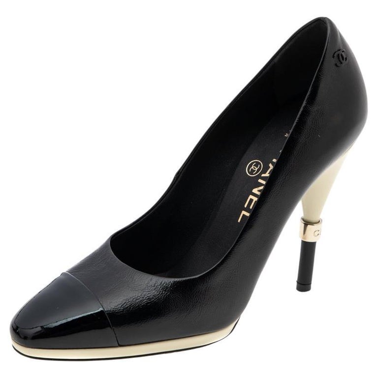 Chanel Black Patent and Leather CC Cap Toe Pumps Size 36 at 1stDibs